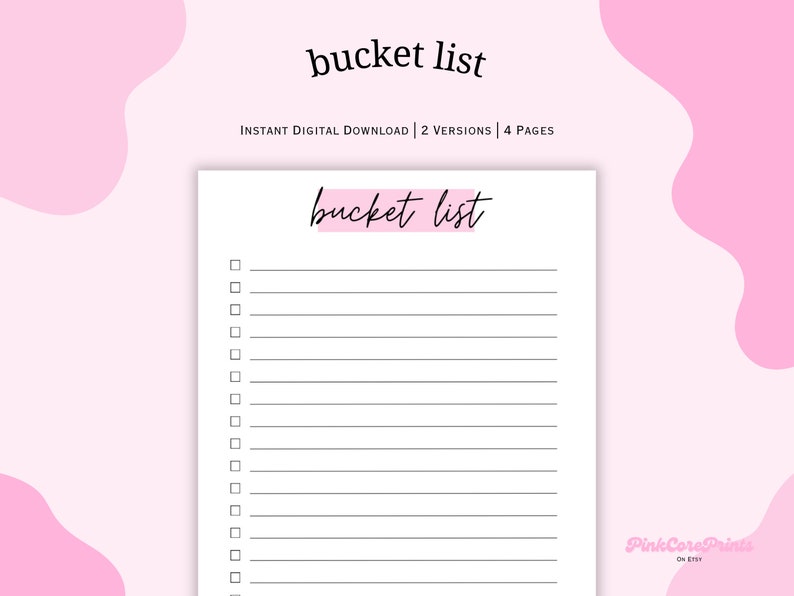 Pink Bucket List, Goal Planner, Digital Bucket List, List for Life ...