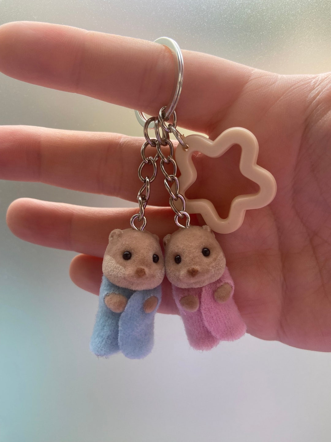 Calico Critter Cute Fluffy Baby Otters / Twins Animal Upcycled Keyring ...