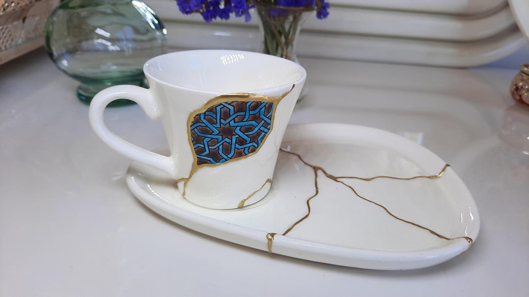 Personalized Coffee Cup and Saucer, Seljuk, Kintsugi Turkish Coffee Cup ...