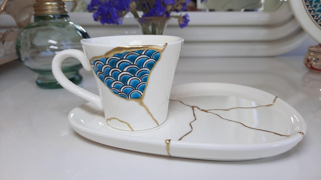 Personalized Kintsugi Turkish Coffee Cup Set: Fish Scale Ceramic Art ...
