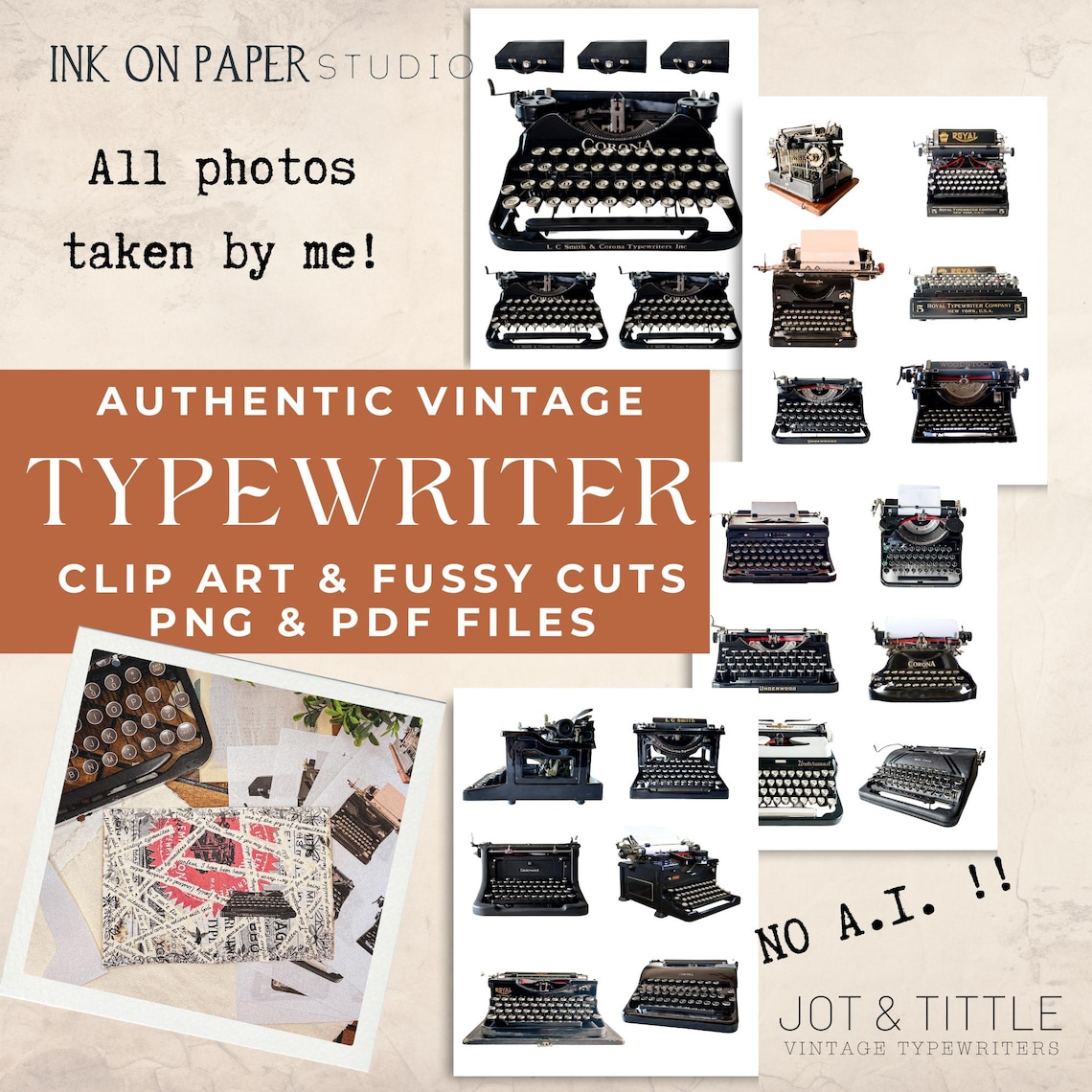 Authentic VINTAGE TYPEWRITER Clip Art. Black Only Package. PNG Files ...