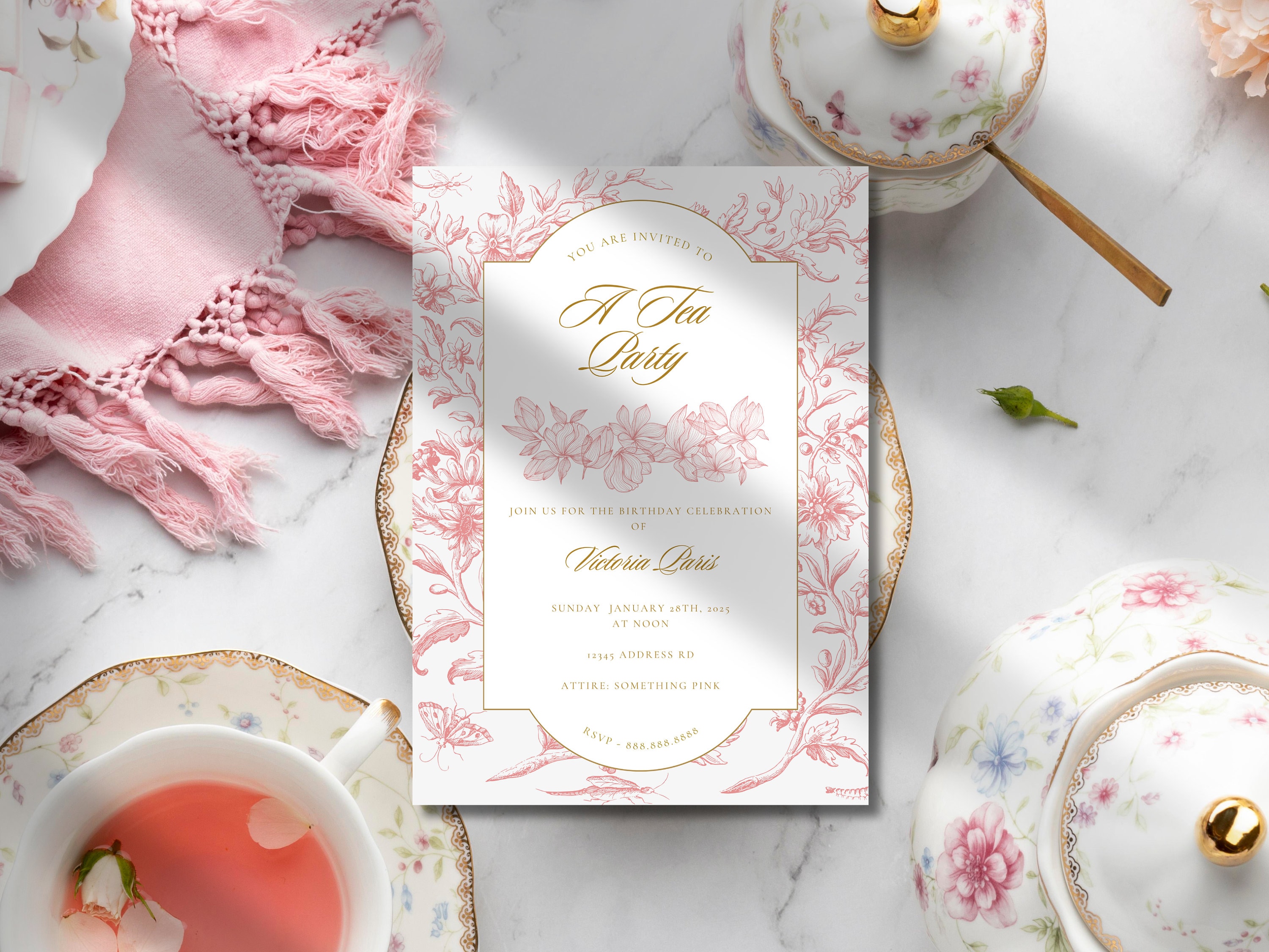 Pink Tea Party Invitation Template Canva Editable Instant Download and ...