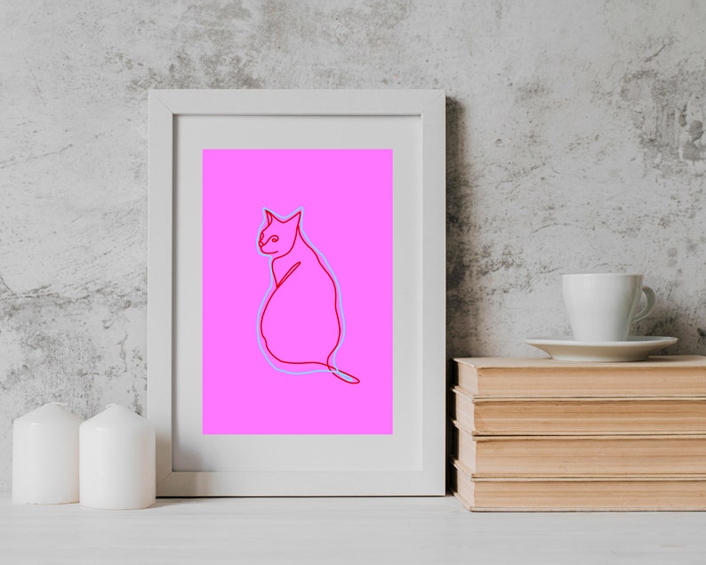 Pink Cat Painting, Printable, Neon Art, Cat Illustration, Cat Painting ...