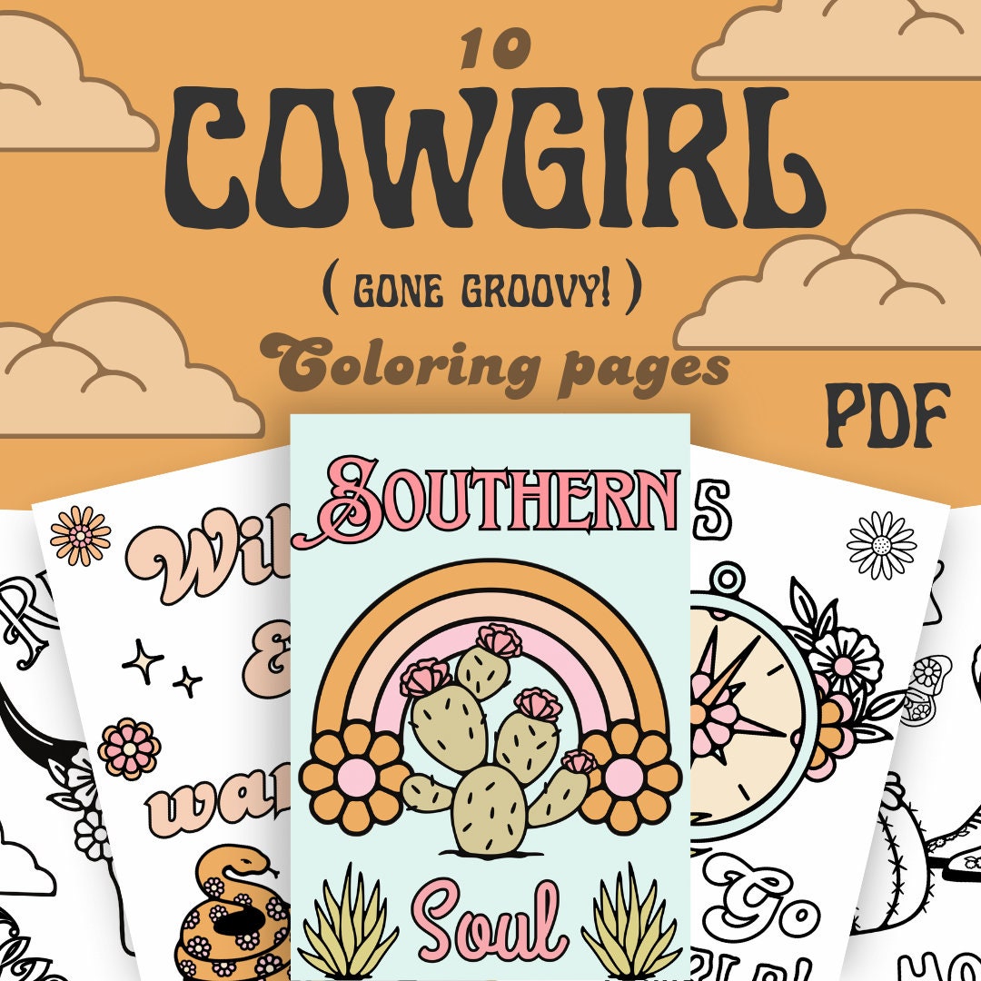 Groovy Cowgirl Printable Coloring Pages | Retro Style Digital Colouring ...