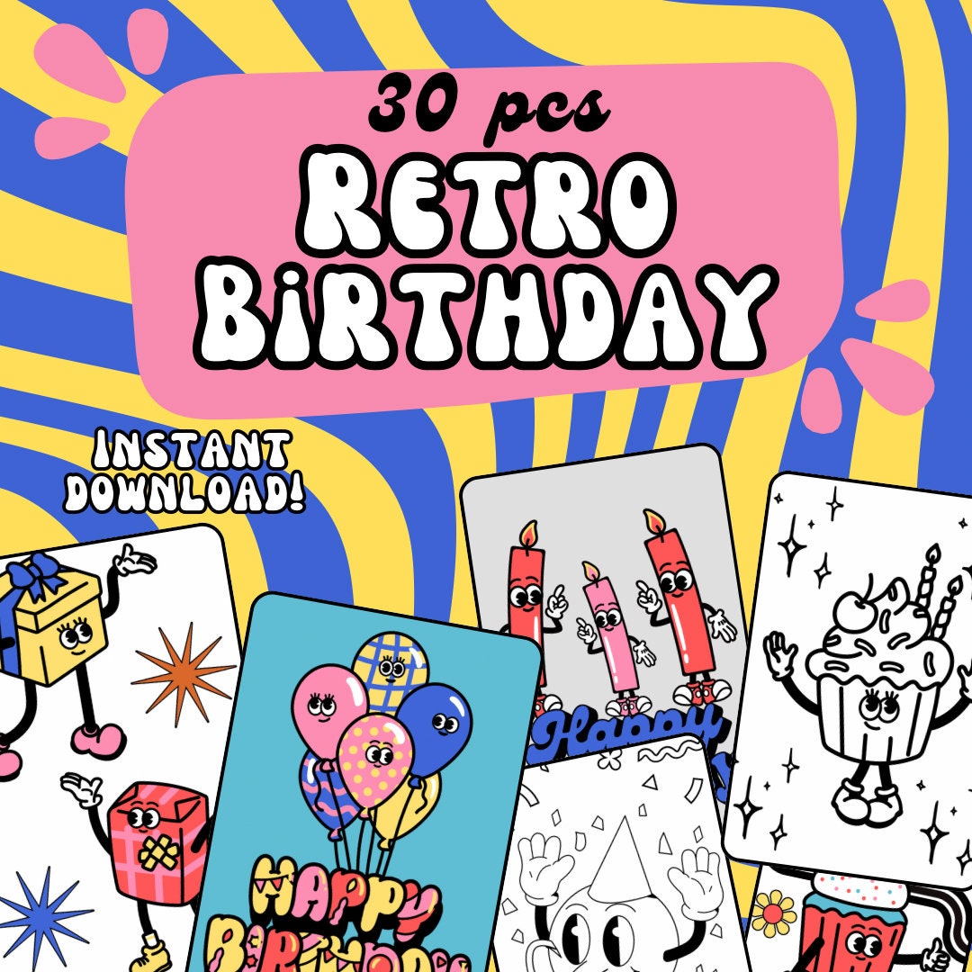 Groovy Retro Birthday Coloring Pages | Colouring Book for Kids & Adults ...