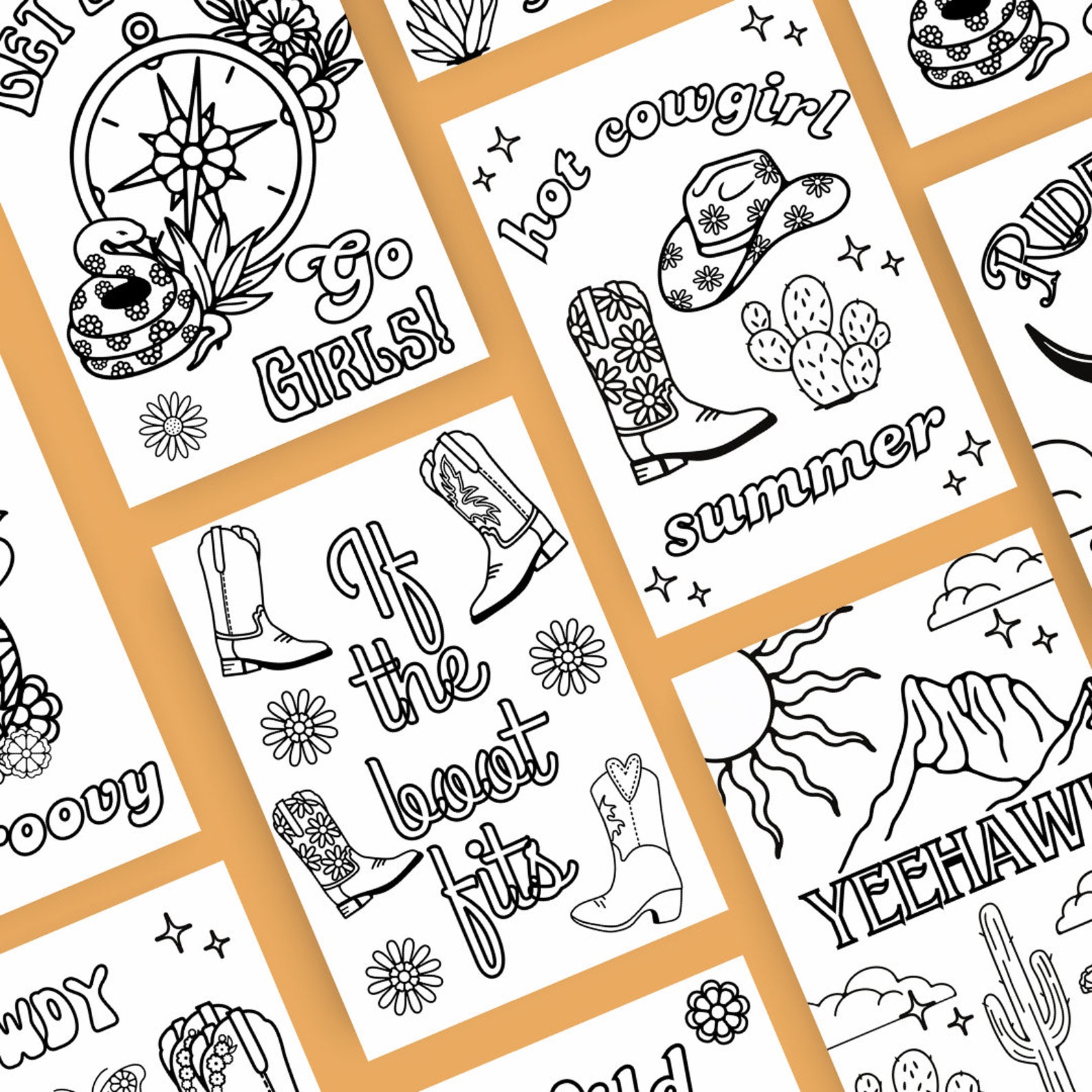 Groovy Cowgirl Printable Coloring Pages Retro Style Digital Colouring ...