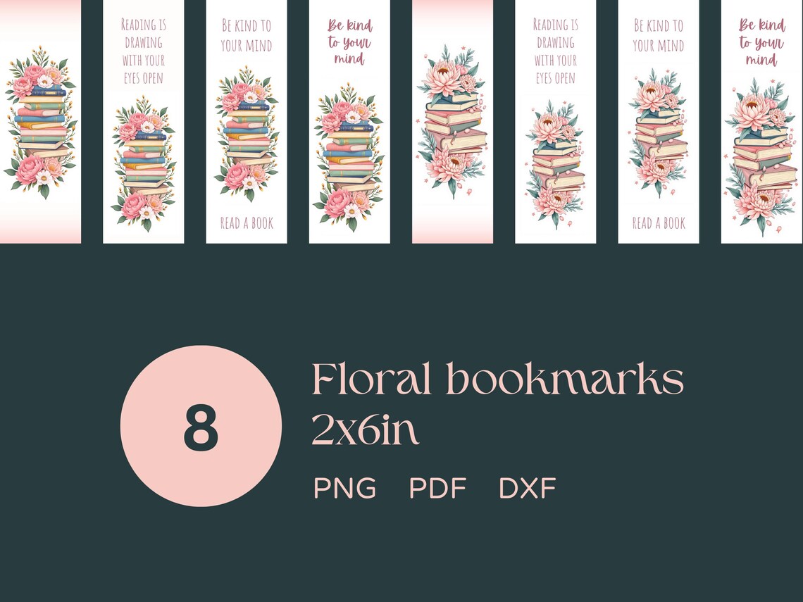 8 Floral Book Stack Bookmarks, Inspirational Quotes, Watercolor Style ...