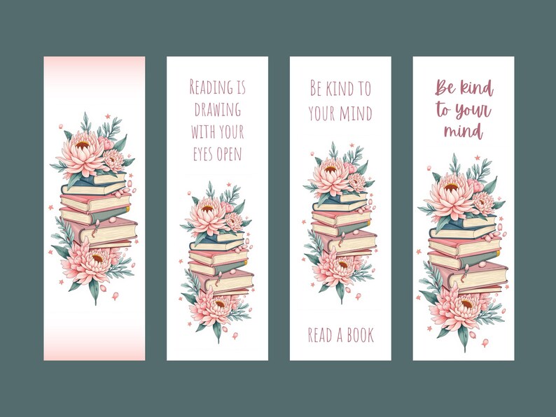 8 Floral Book Stack Bookmarks, Inspirational Quotes, Watercolor Style ...