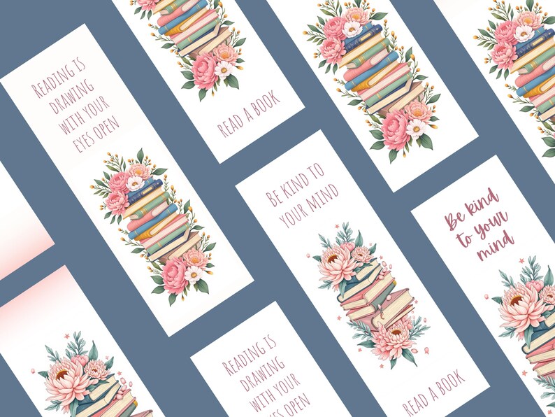8 Floral Book Stack Bookmarks, Inspirational Quotes, Watercolor Style ...