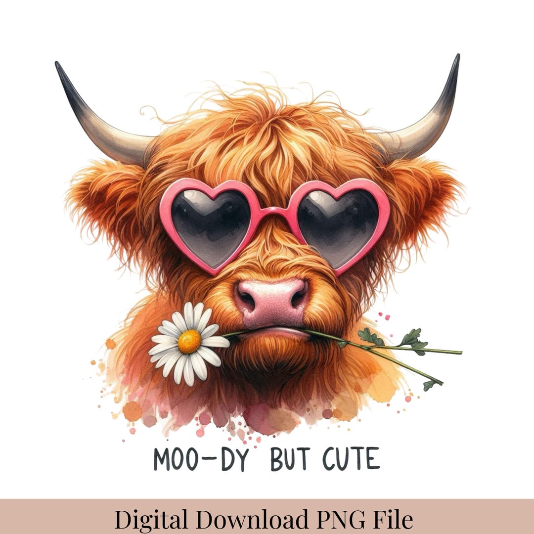 Sassy Highland Cow PNG, Highland Cow Daisy Sublimation, Digital Clip ...
