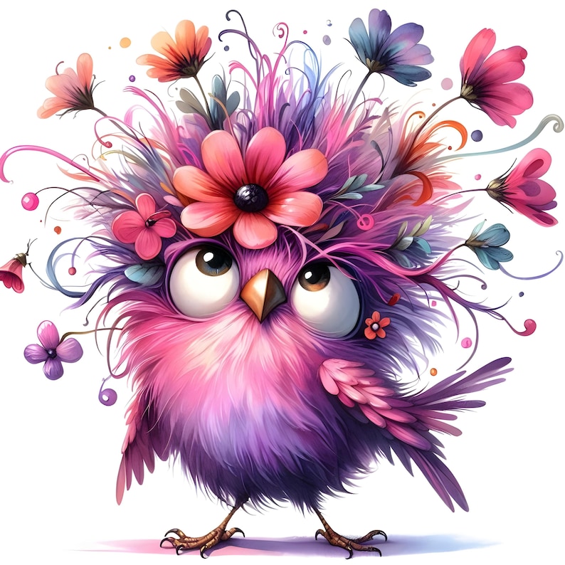 5 Quirky Birds Clipart, Whimsical Floral Bird Pngs for Sublimation ...