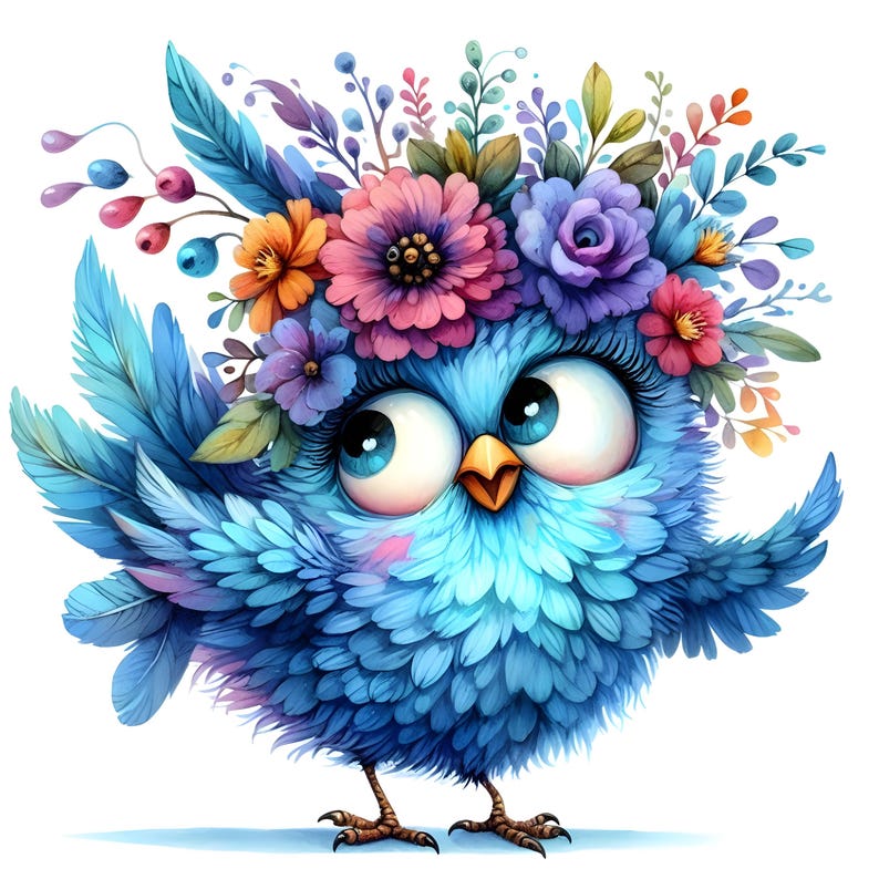 Whimsical Floral Bird Clipart: Funny Watercolor Pngs (digital Download ...
