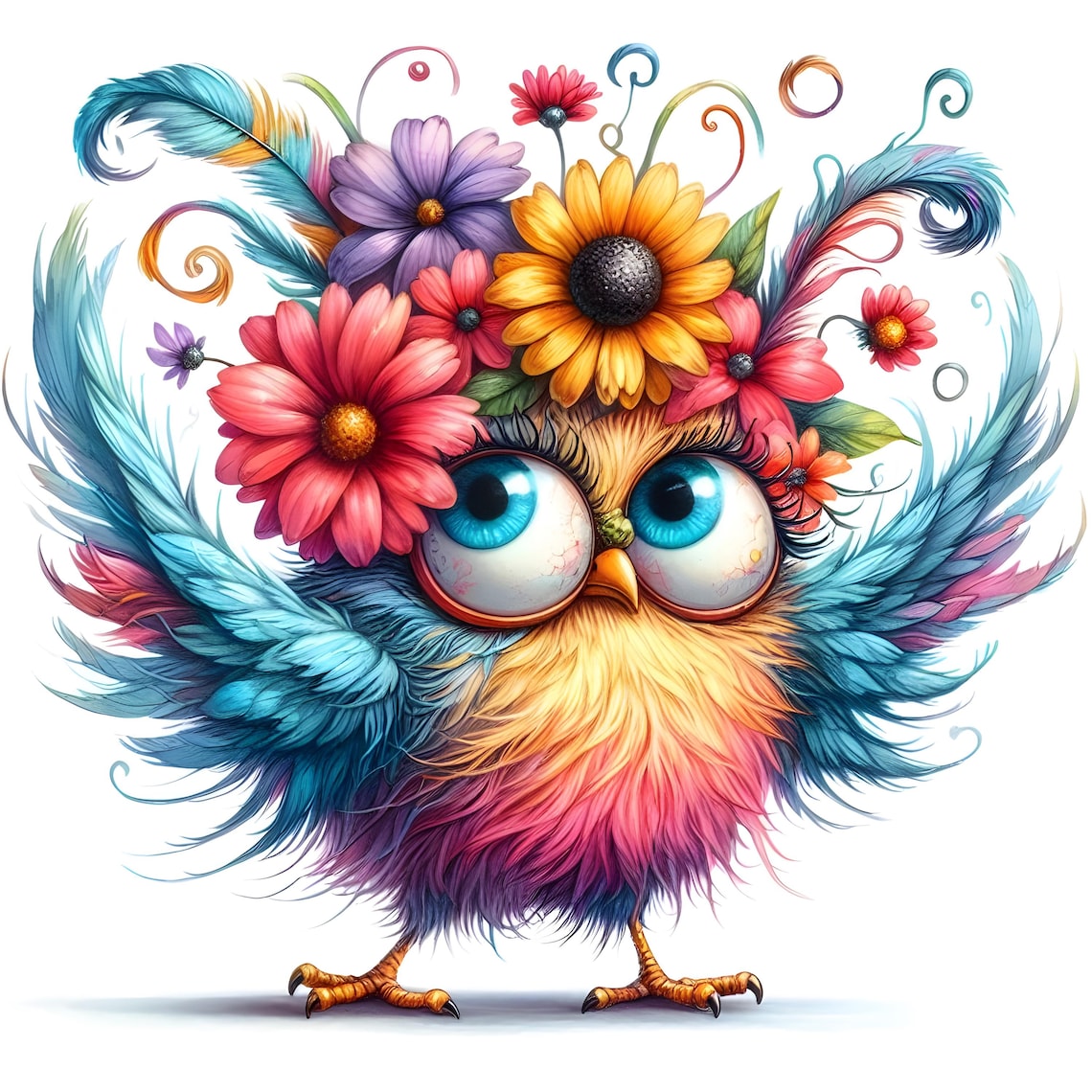 Whimsical Floral Bird Clipart: Funny Watercolor Pngs (digital Download ...