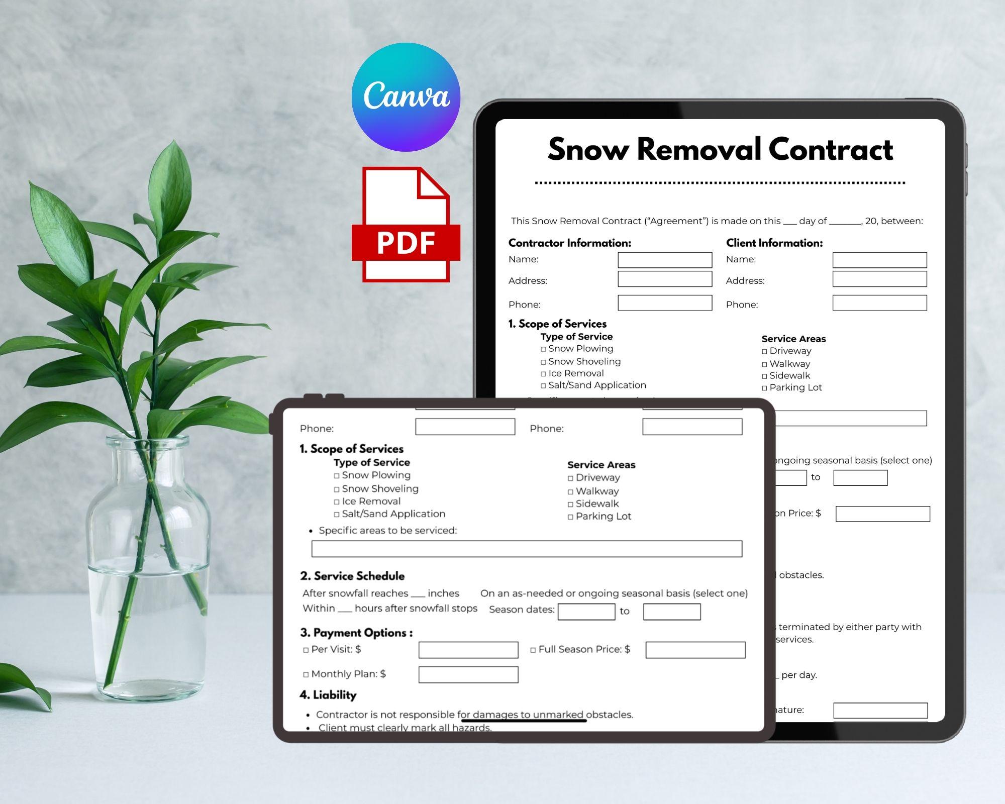 Editable Snow Removal Contract Template, Printable Commercial Snow ...