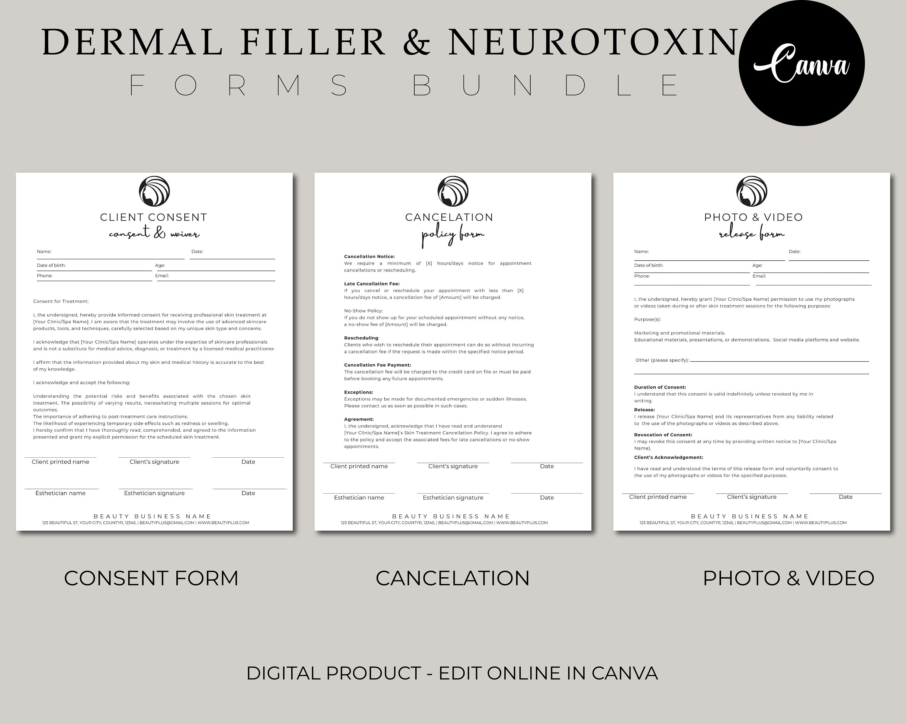 Editable Botox and Dermal Filler Consent Intake Bundle, Esthetician ...