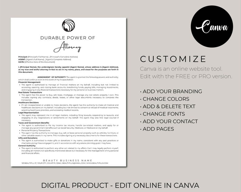 Durable Power of Attorney, Durable Power of Attorney Template, Editable ...