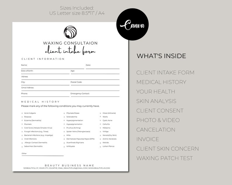 Waxing Treatment Forms, Printable Waxing Consent Forms, Consultation Form, Editable Esthetician ...