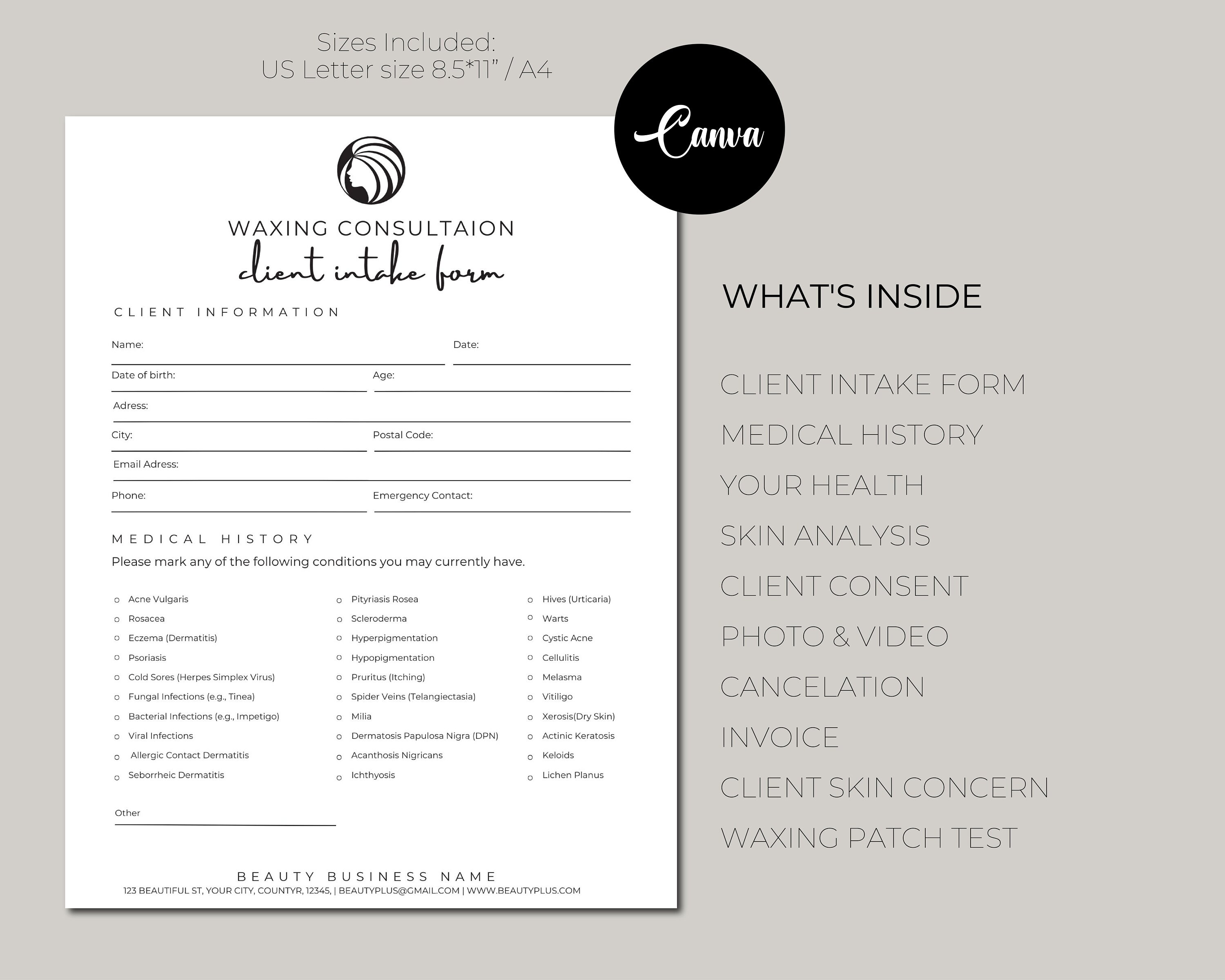 Waxing Treatment Forms, Printable Waxing Consent Forms, Consultation ...