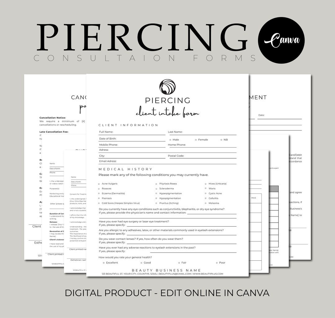 Body Piercing Consent Form, Ody Modification, DIY Editable Canva ...