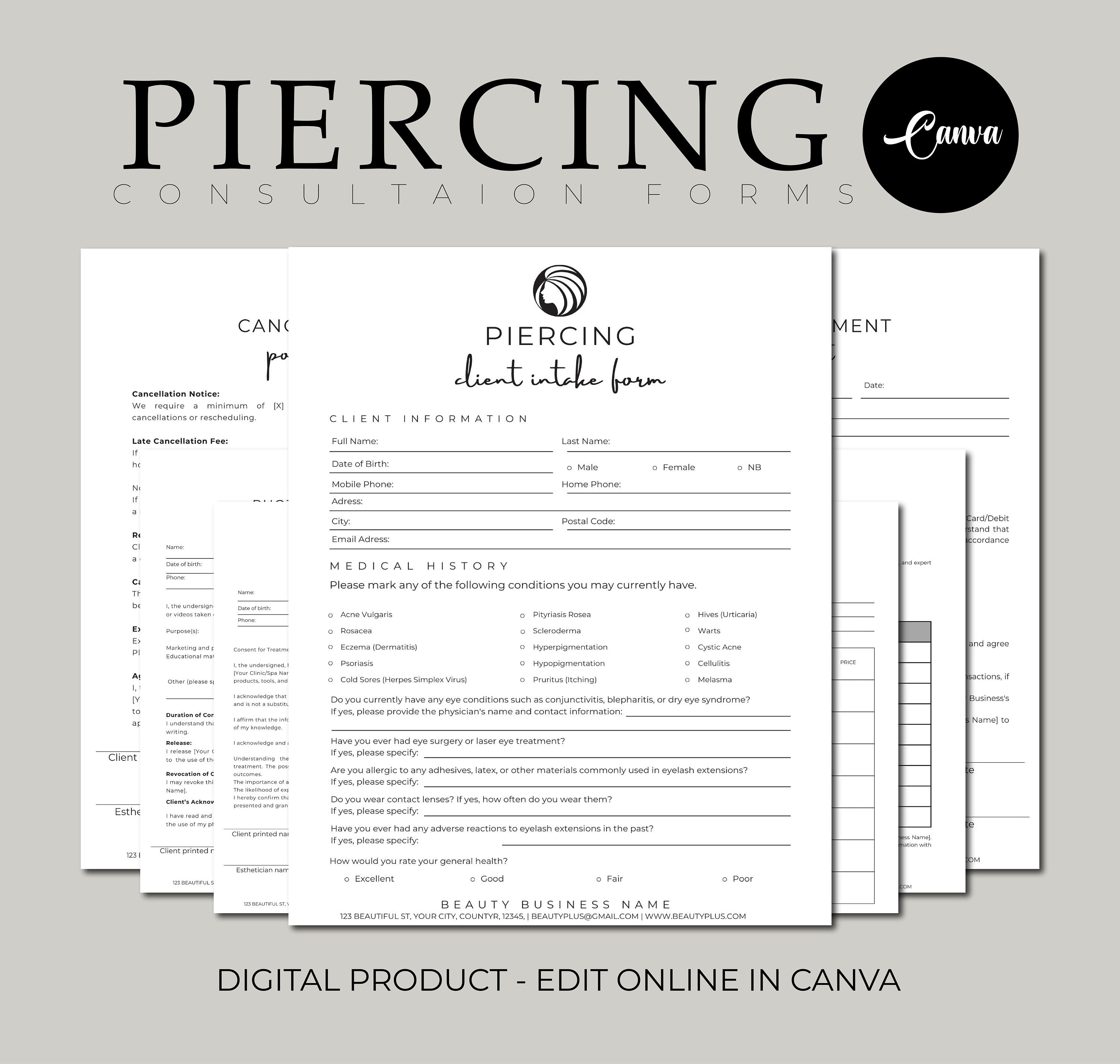 Body Piercing Consent Form, Ody Modification, DIY Editable Canva ...