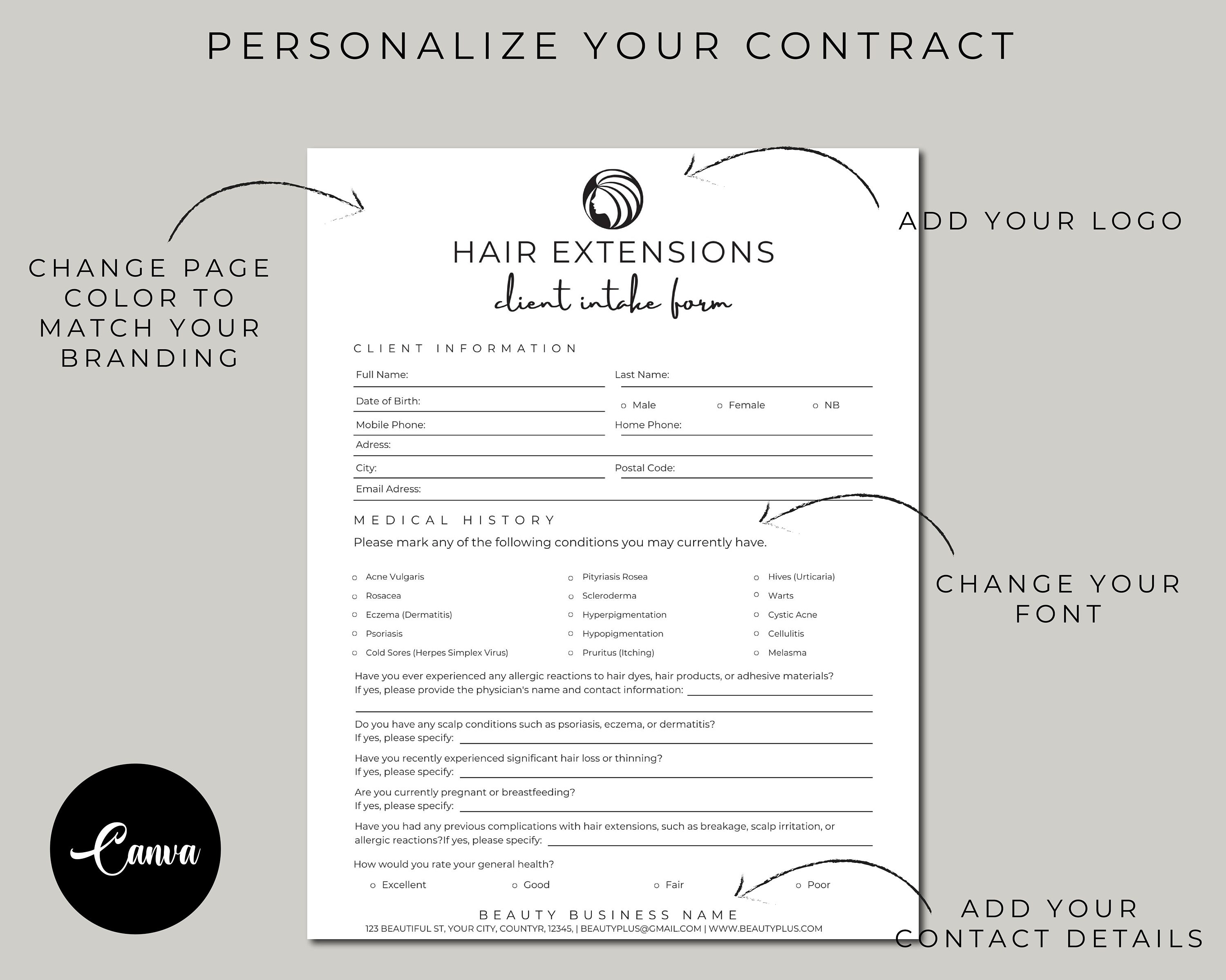 EDITABLE Hair Extensions Contract, Hair Extensions After Care Card ...