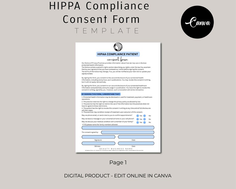Editable HIPAA Consent Form Template, Medical Consent, New Patient Form ...