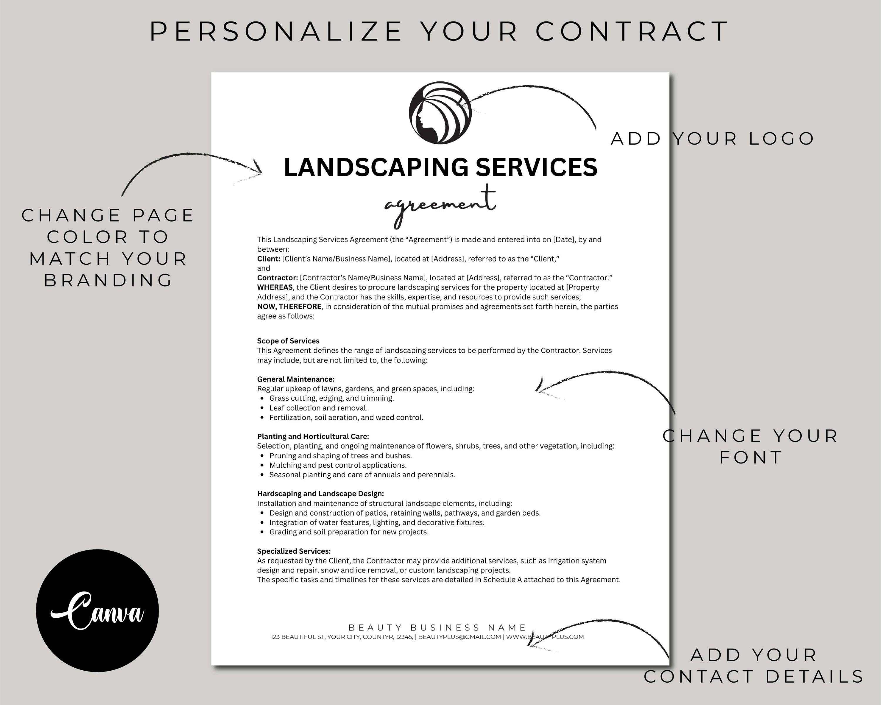 Editable Landscaping Contract Template, Lawn Care Contract, Garden Care ...
