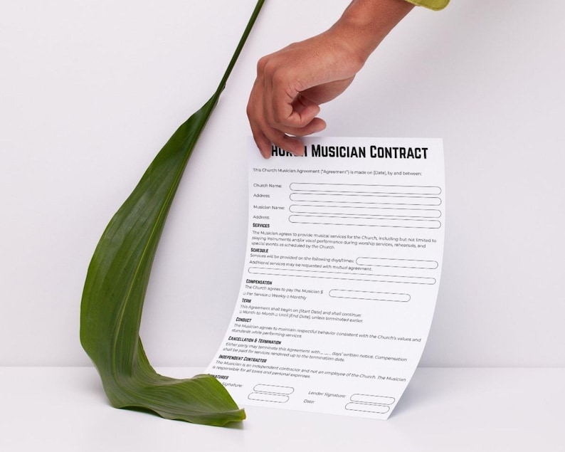 Editable Church Musician Contract, Printable Agreement for Choir Form ...
