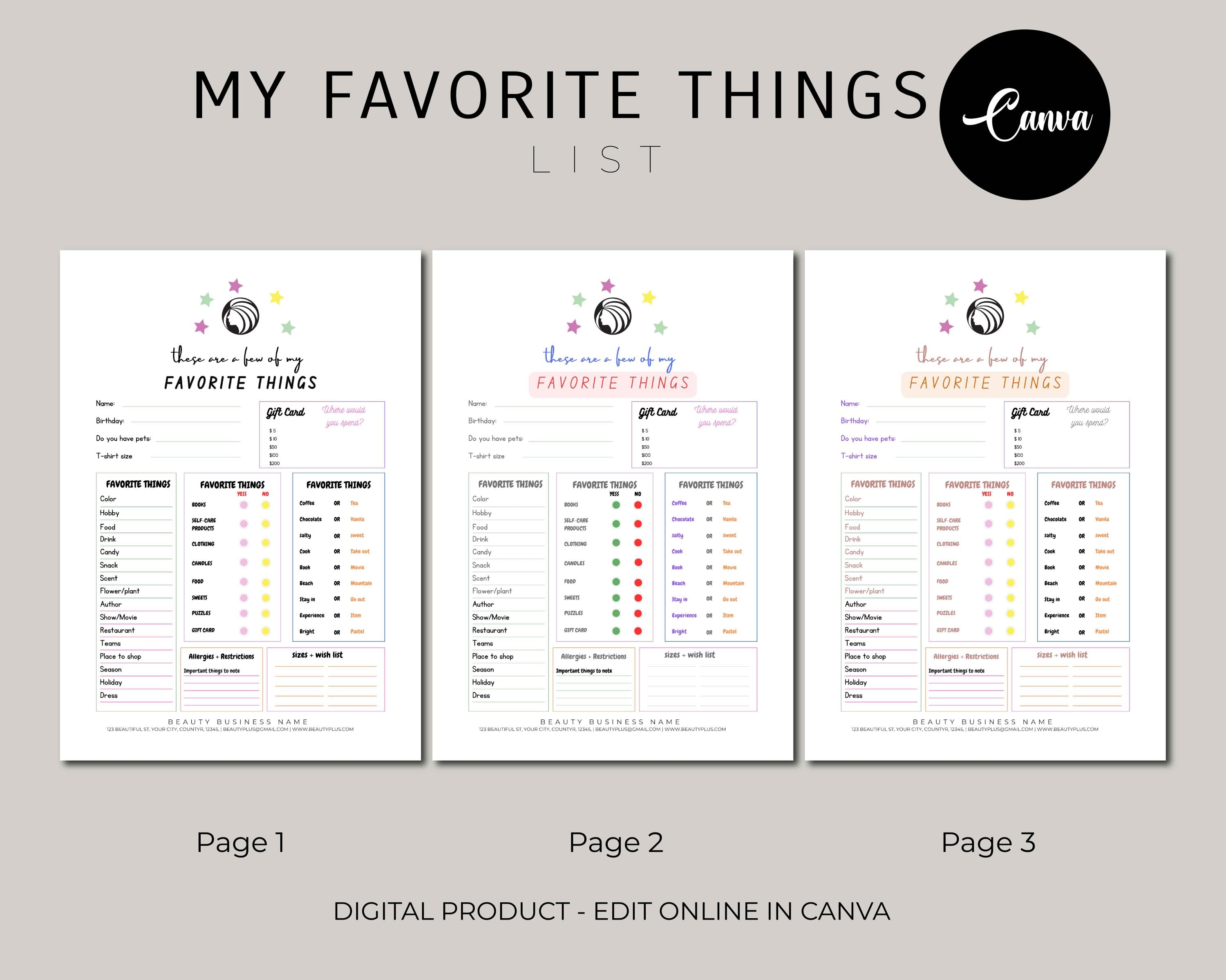 Editable My Favorite Things List, Employee Favorite Things Survey ...