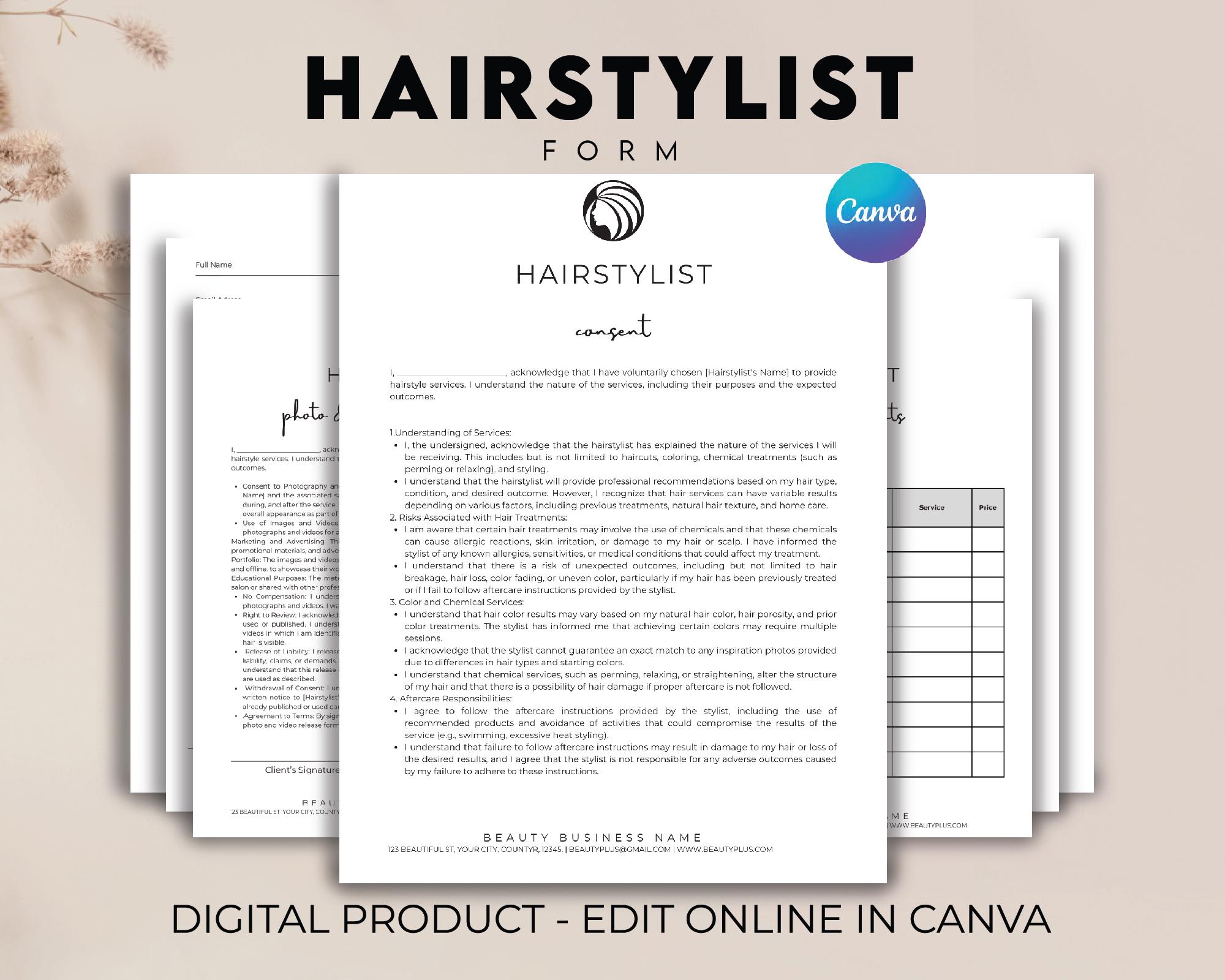 Professional Hairstylist Forms Bundle, Hairstylist Client Intake Form ...