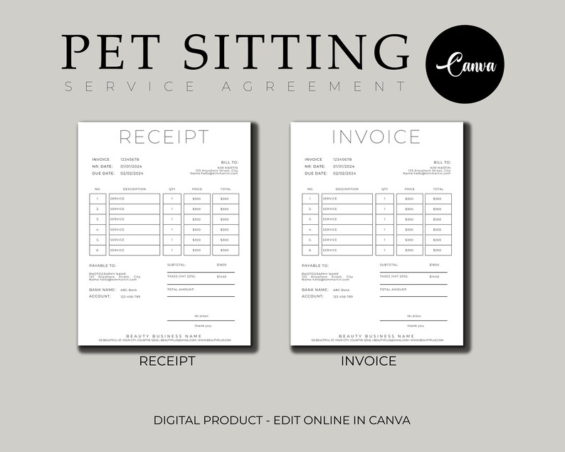 Pet Sitting Service Agreement/contract, Invoice, Editable & Printable ...