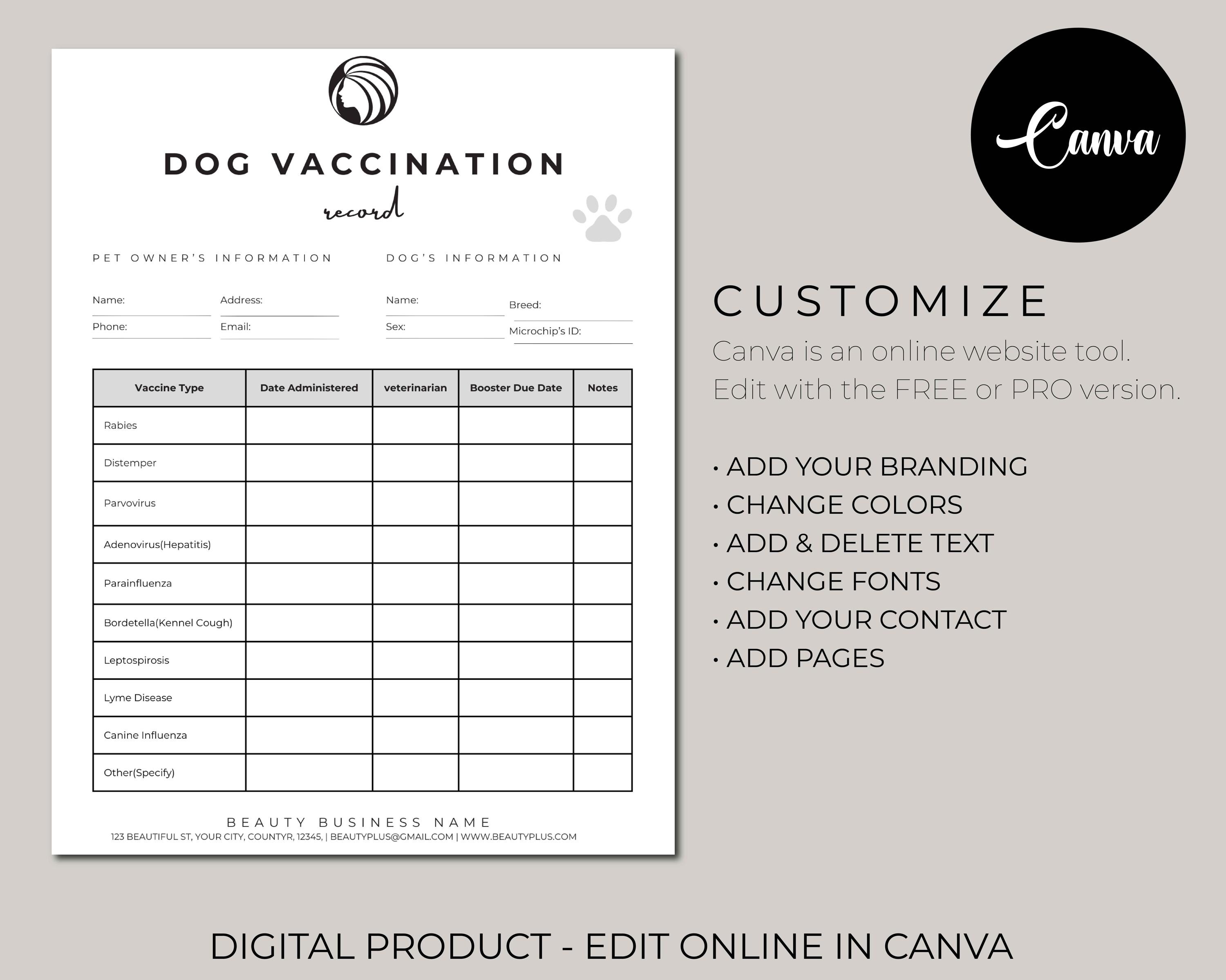 Dog Vaccination Record, Puppy Vaccine Log, Puppy Shots Record, Pet ...