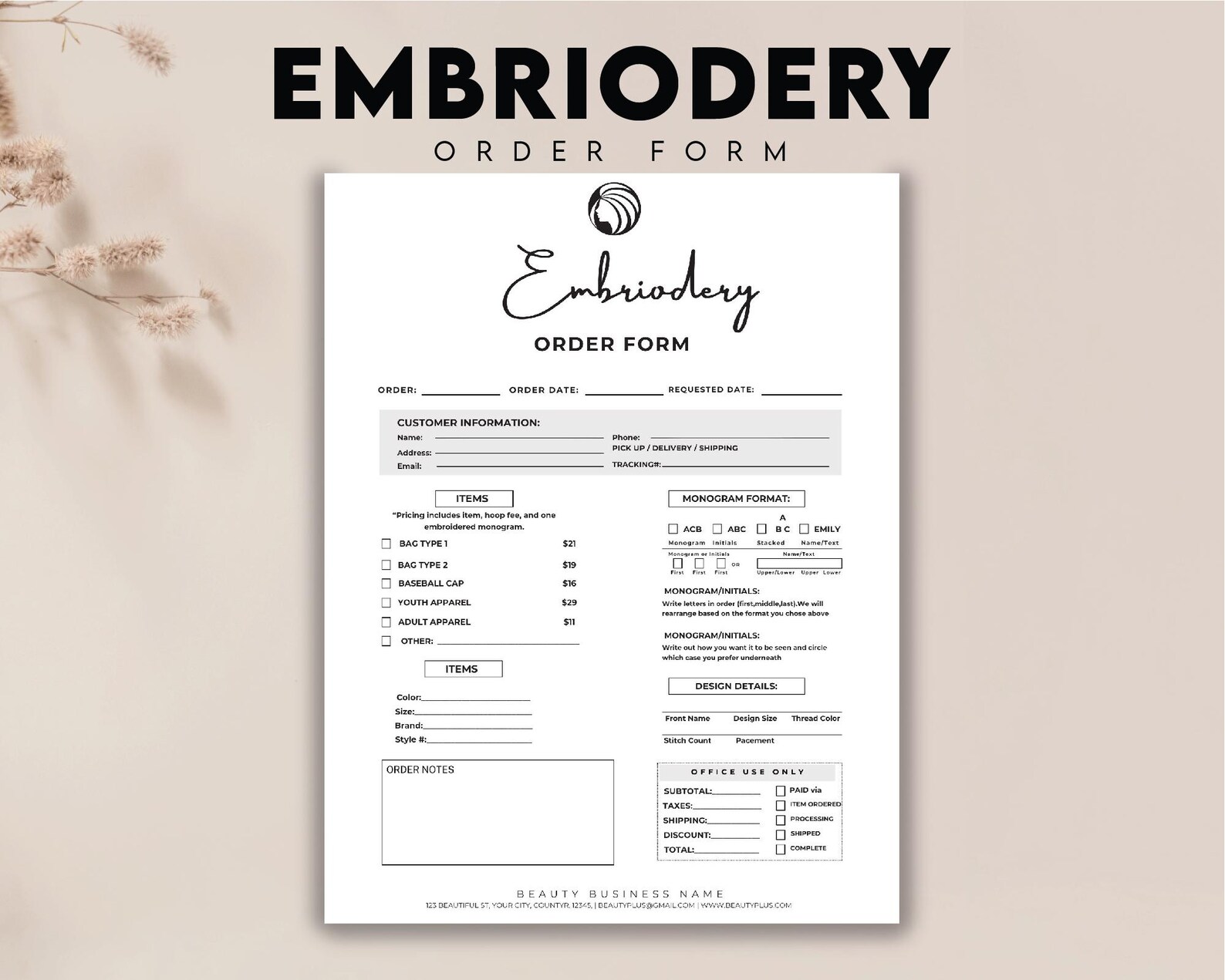 Embroidery Order Form Template, Custom Embroidery Order Form ...