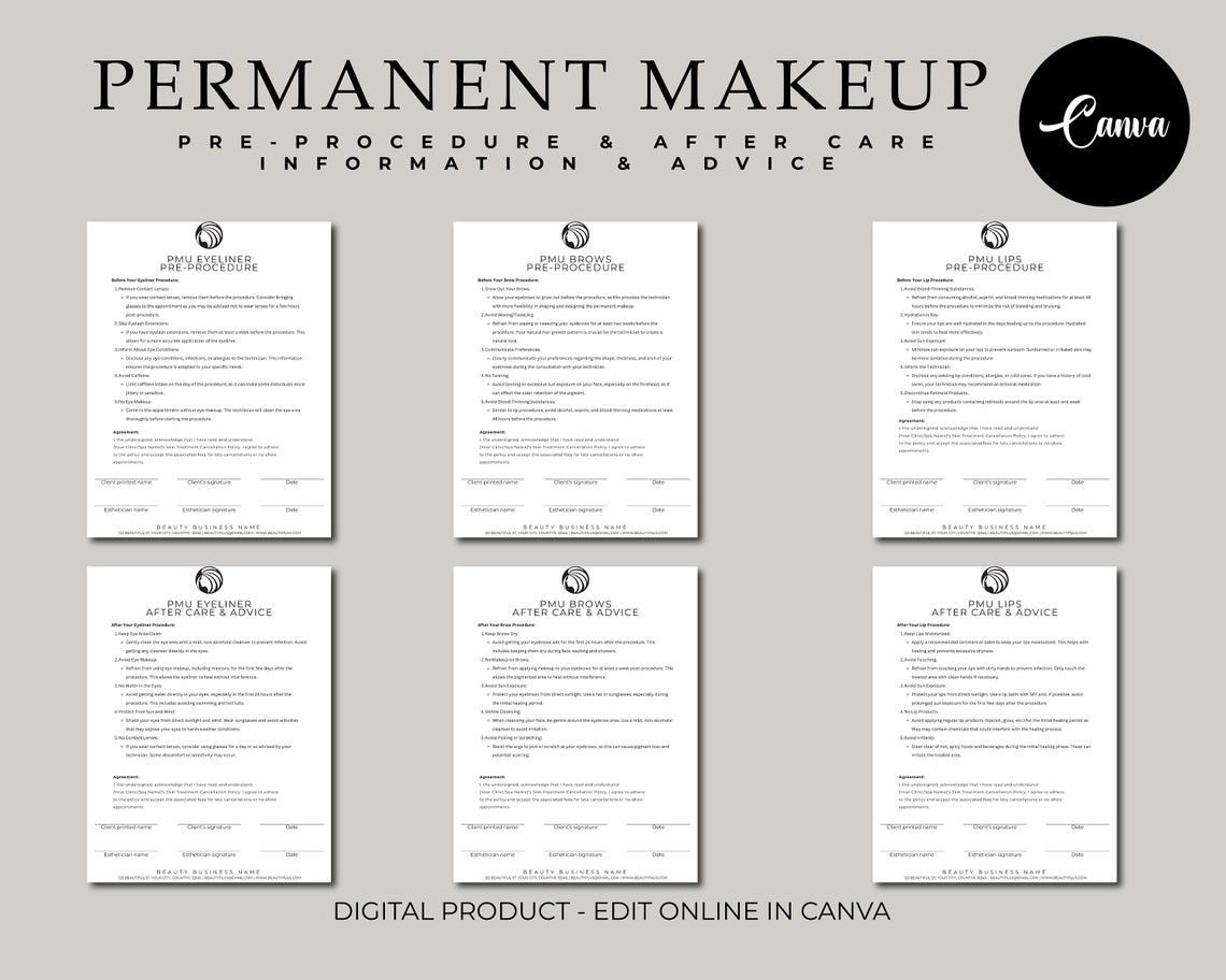 Permanent Makeup Forms, PMU Consent Form, PMU Aftercare Card, Makeup ...