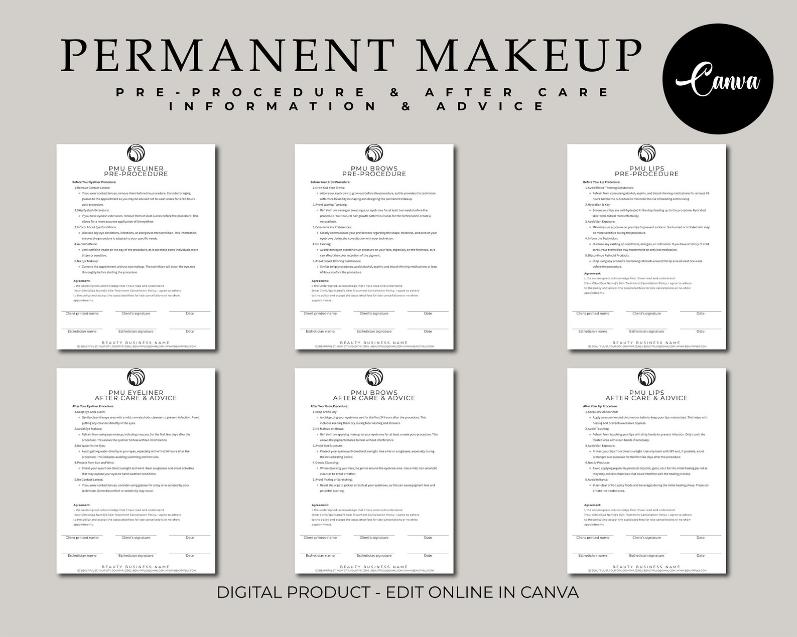 Permanent Makeup Forms, PMU Consent Form, PMU Aftercare Card, Makeup ...