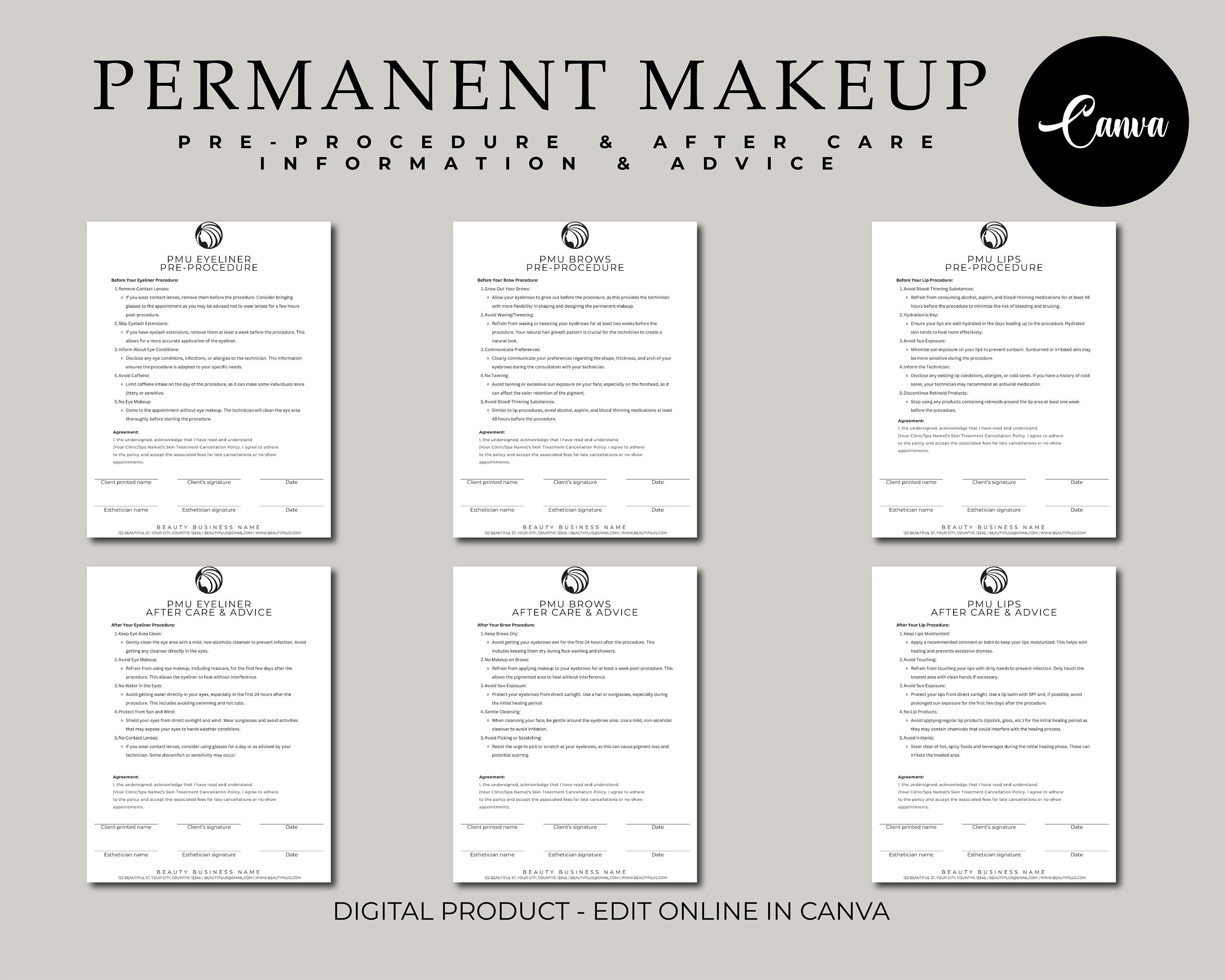 Permanent Makeup Forms, PMU Consent Form, PMU Aftercare Card, Makeup ...