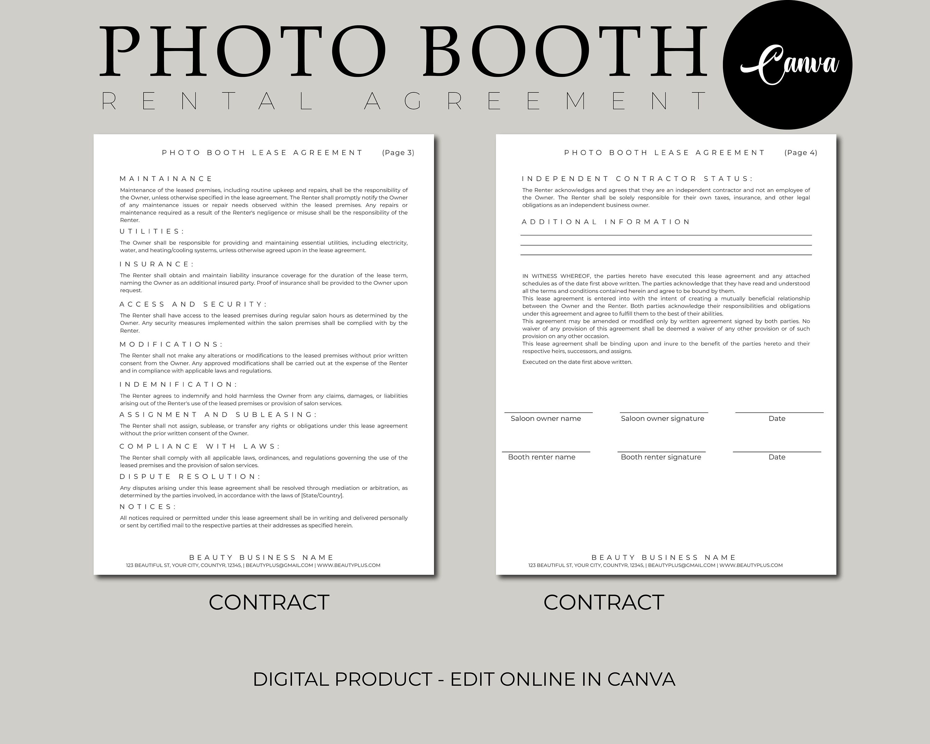 Photo Booth Contract, Editable Photo Booth Rental Contract, Photo Booth ...