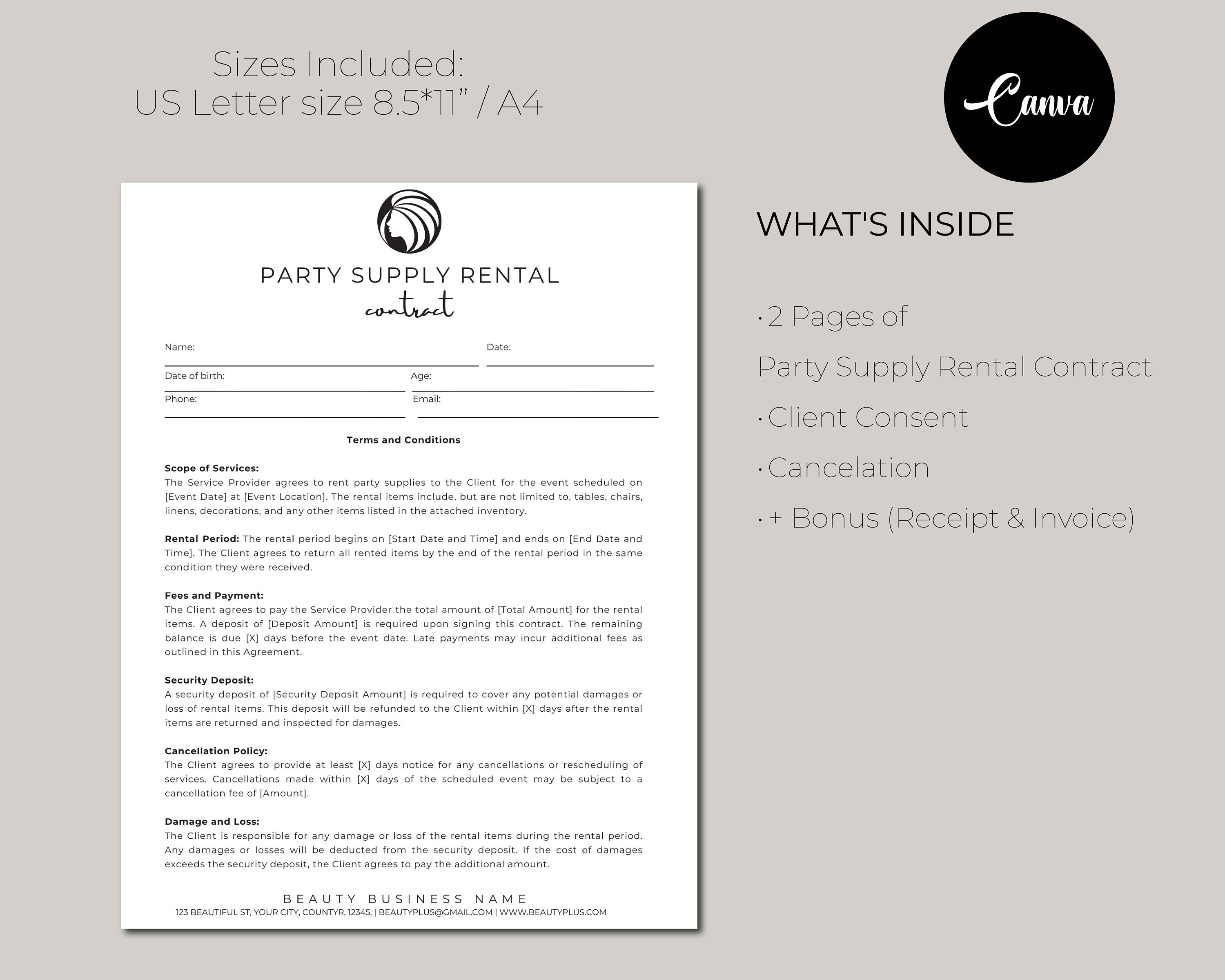 Party Supply Rental Contract, Party Rental Client Intake, Party Rental ...