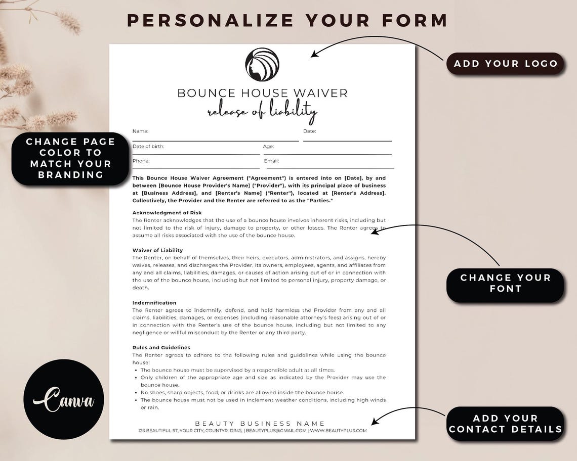 Bounce House Waiver Forms, Bounce House Rental Contract, Release of ...