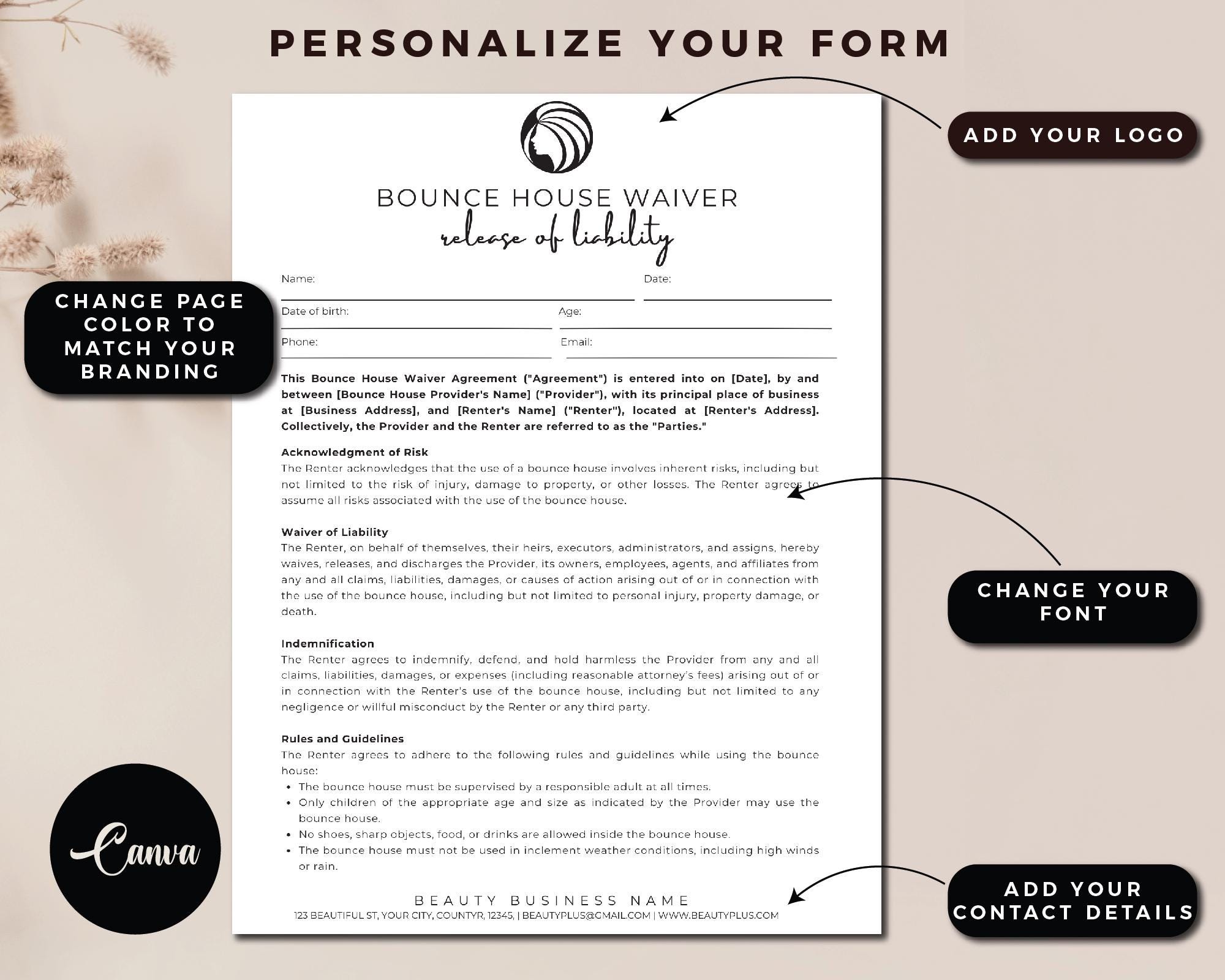 Bounce House Waiver Forms, Bounce House Rental Contract, Release of ...