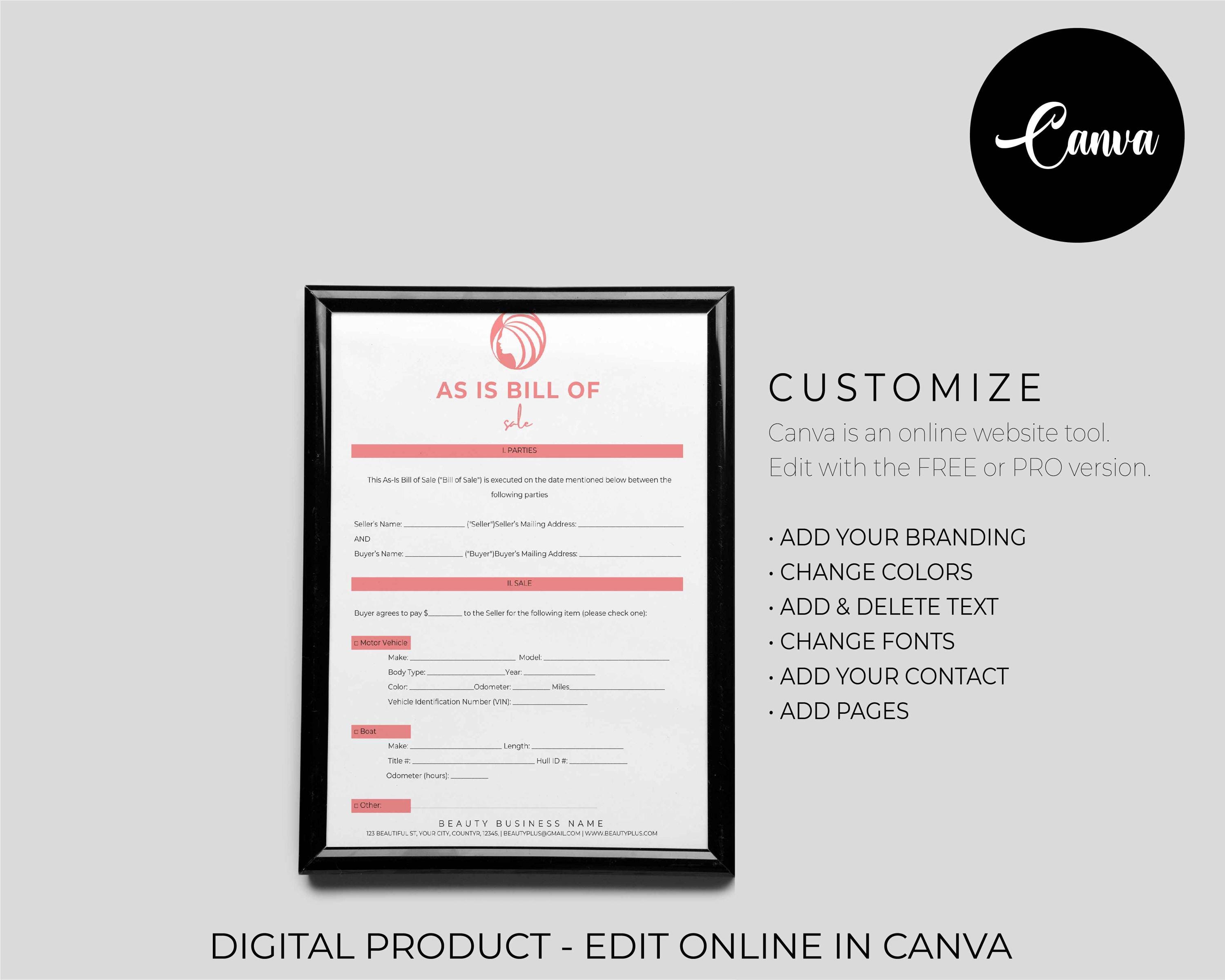 Editable As-is Bill of Sale Template, Vehicle Bill of Sale Template ...