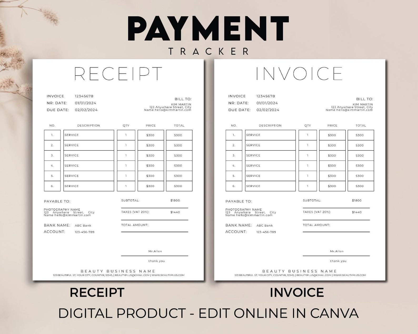Payment Tracker Canva Template, Client Fee Payment Tracker, Printable ...