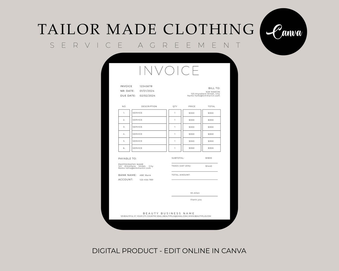 Tailor Made Clothing Agreement, Custom Garment Contract, Tailor Invoice ...