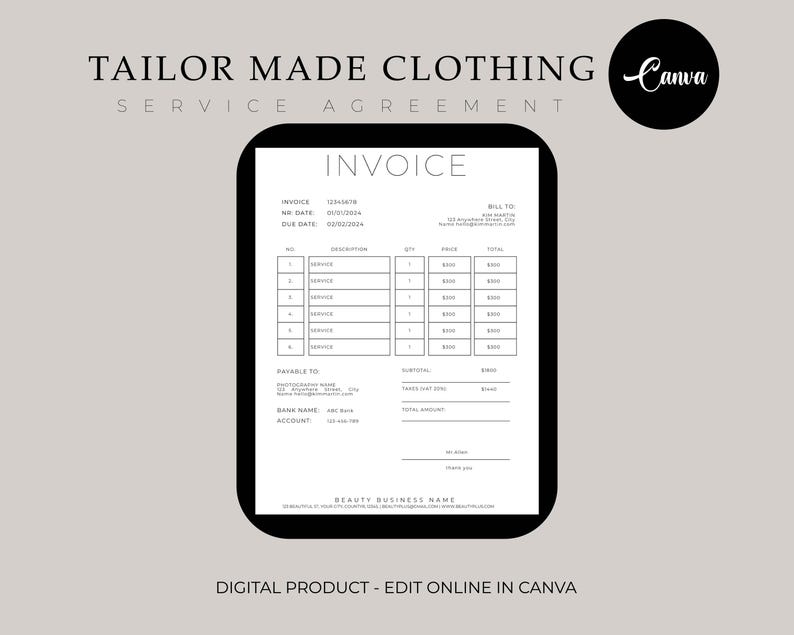 Tailor Made Clothing Agreement, Custom Garment Contract, Tailor Invoice ...