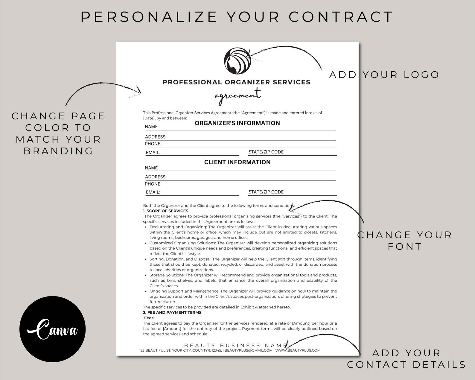 Editable Professional Organizer Contract Template, Organizing Service ...
