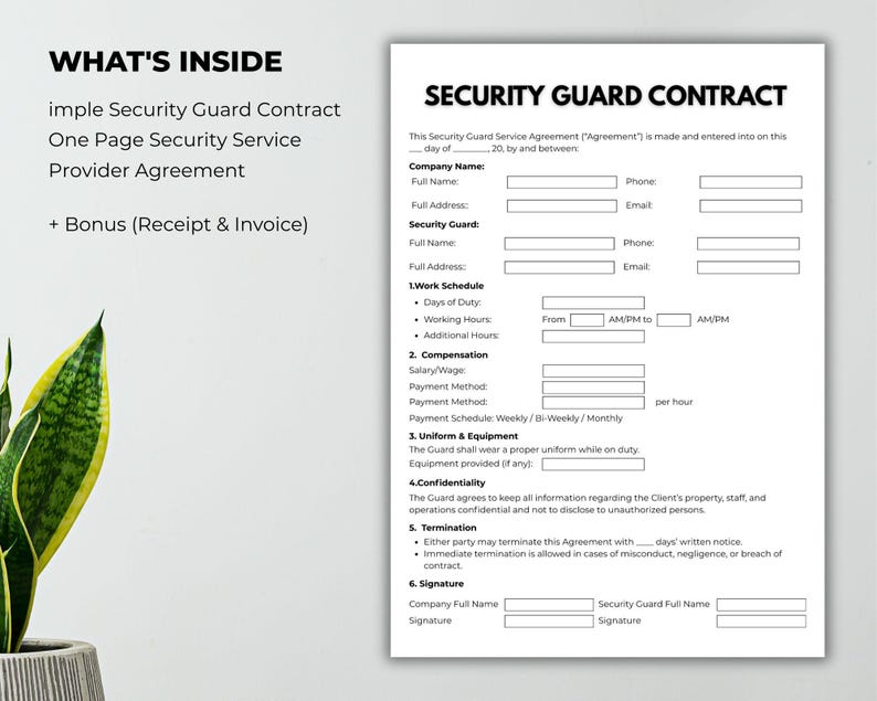 Simple Security Guard Contract, Security Company Contract, One Page ...