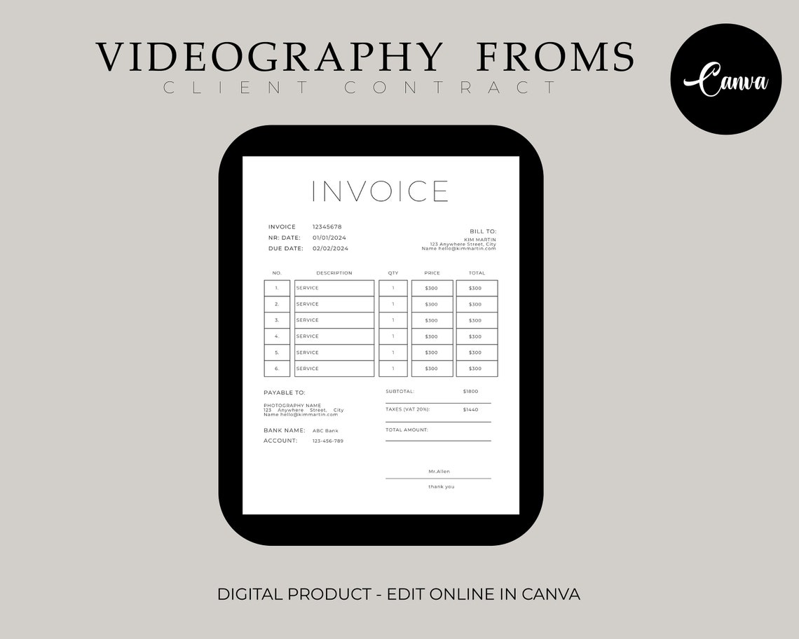 Videography Contract Template, Photography Forms, Contract Template, Canva Template, Contract ...