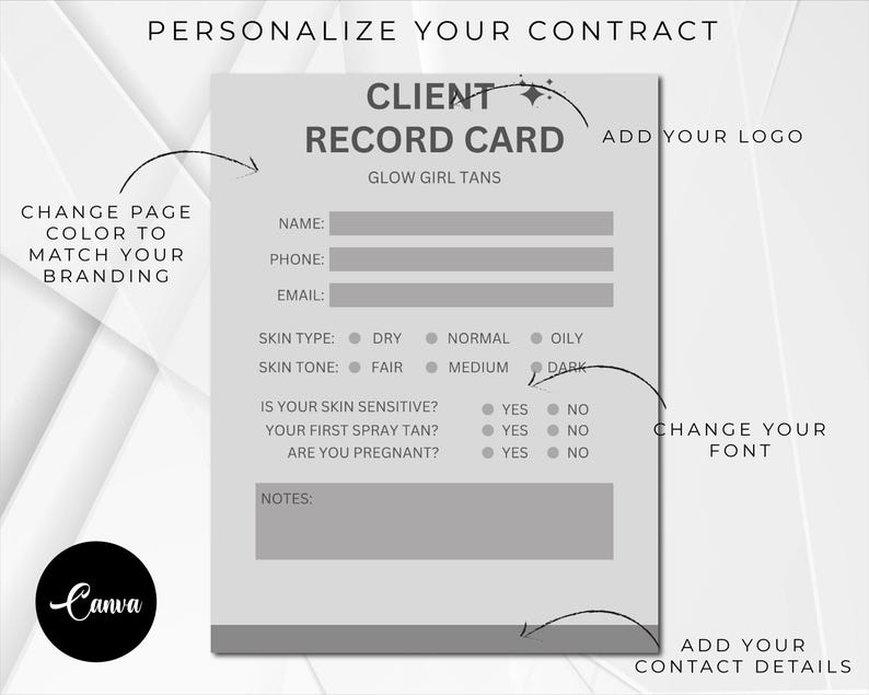 Spray Tanning Client Record Card, Spray Tanning Business Form, Tanning ...