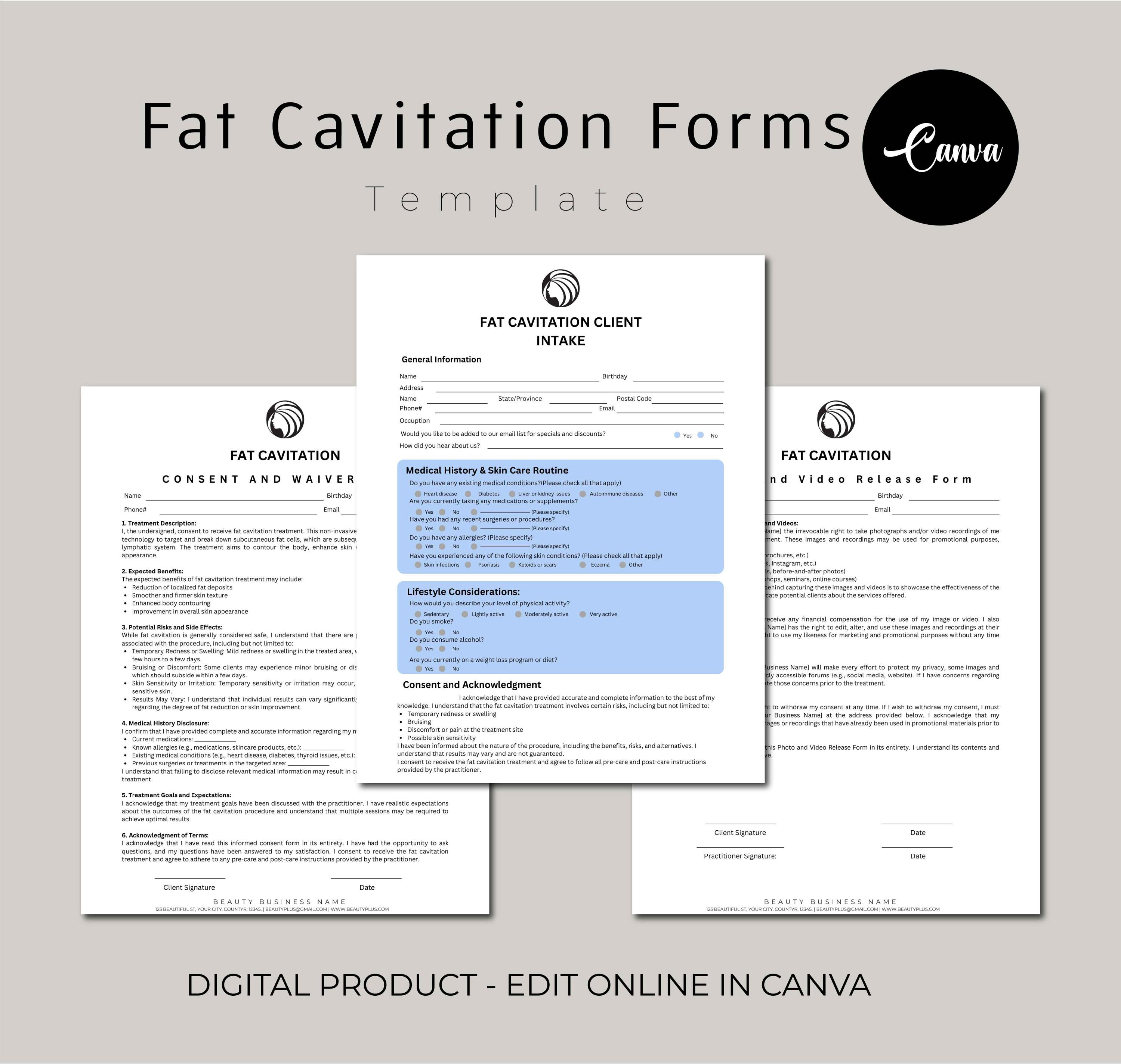 Fat Cavitation Form, Fat Cavitation Consent Form, Esthetician Business ...