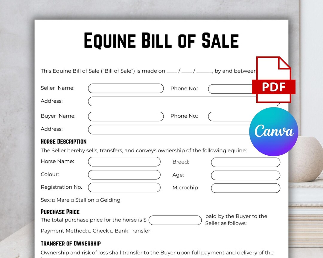 Editable Equine Bill of Sale, Equine Agreement, Horse Sale Contract ...
